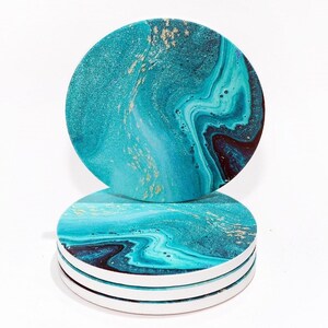 Set of 4 Ceramic Drink Coasters Teal Blue Turquoise Marble Pattern ...