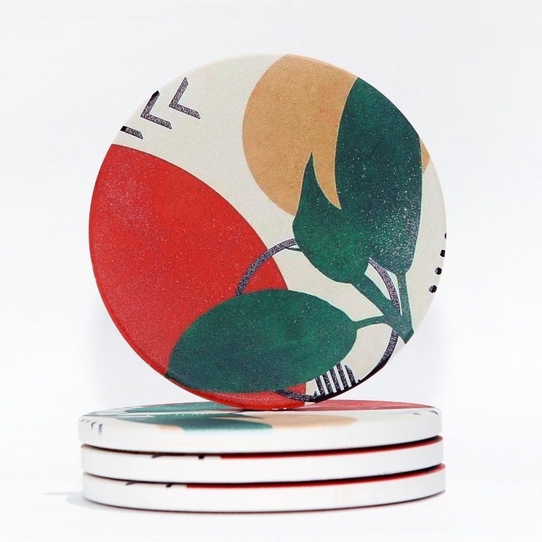 Set of 4 Ceramic Drink Coasters Red Abstract Leaf Absorbent Cork Base ...