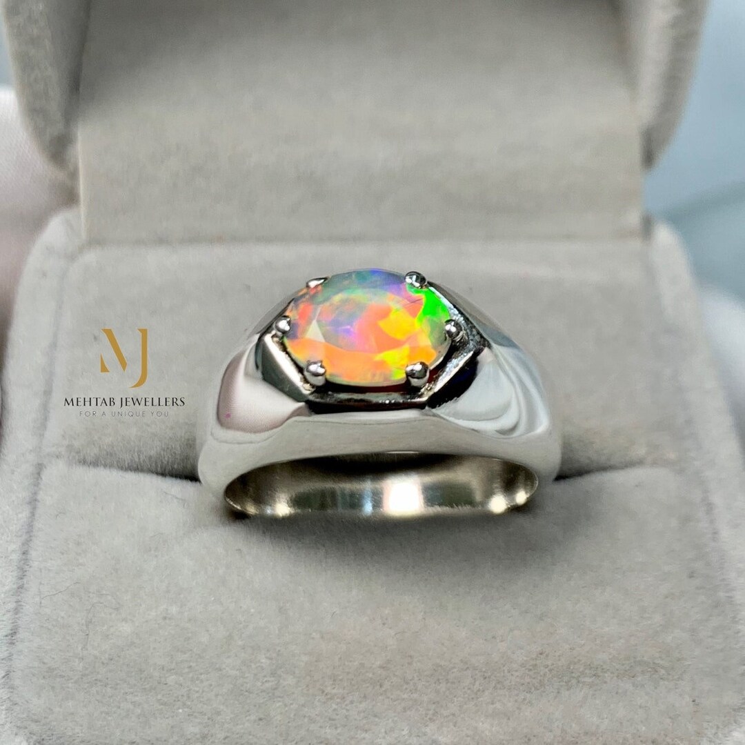 Genuine Opal Men's Ring , Natural Faceted Opal Ring for Him, October ...