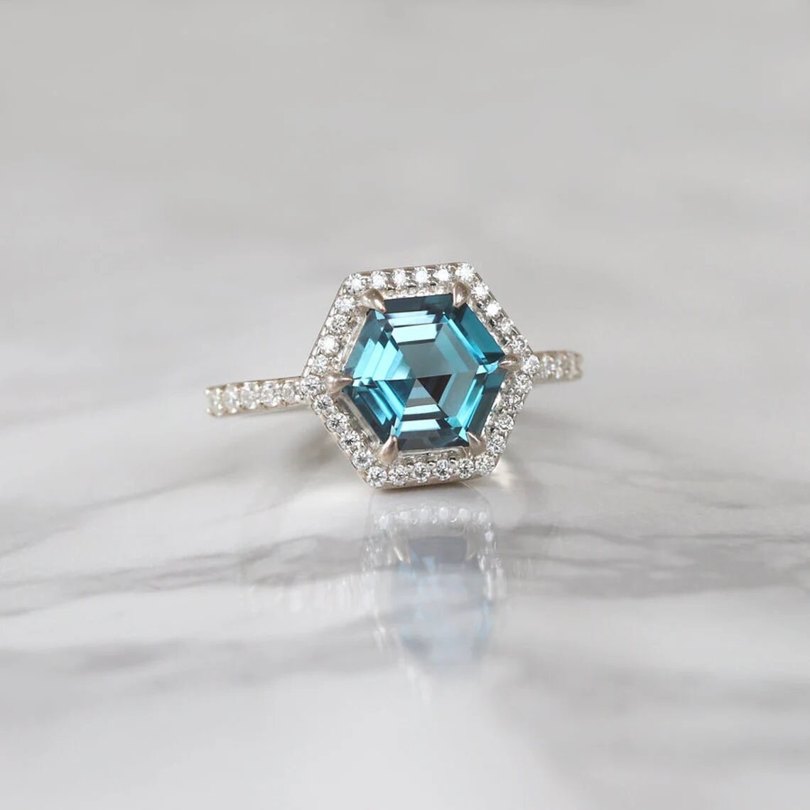 Unique Hexagon Cut Natural Swiss Blue Topaz Ring in 14k Gold & 925 ...