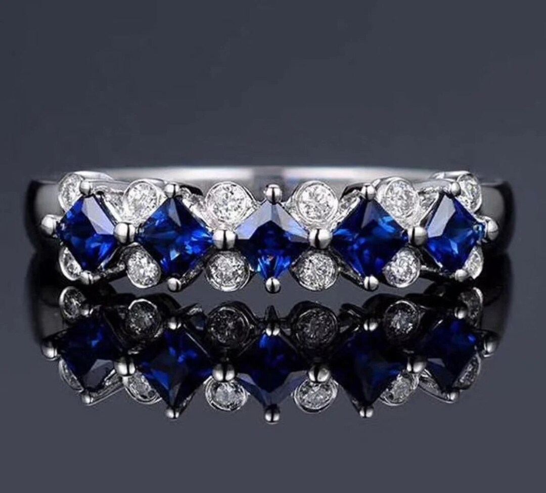 Beautiful Princess Cut Blue Sapphire Half Band Ring in 925 Sterling ...