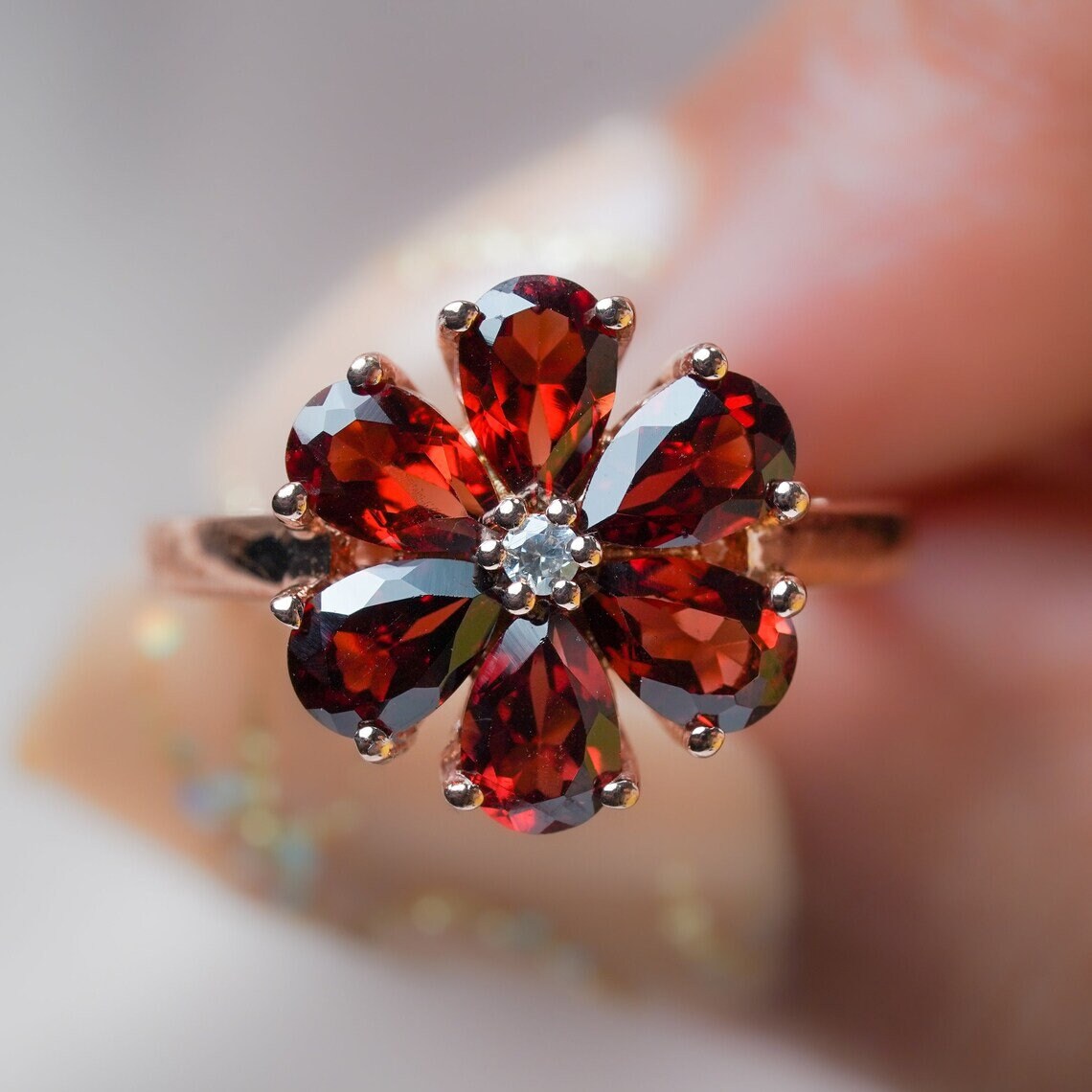 Beautiful Natural Red Garnet Flower Ring, 14k Rose Gold & 925 Sterling ...