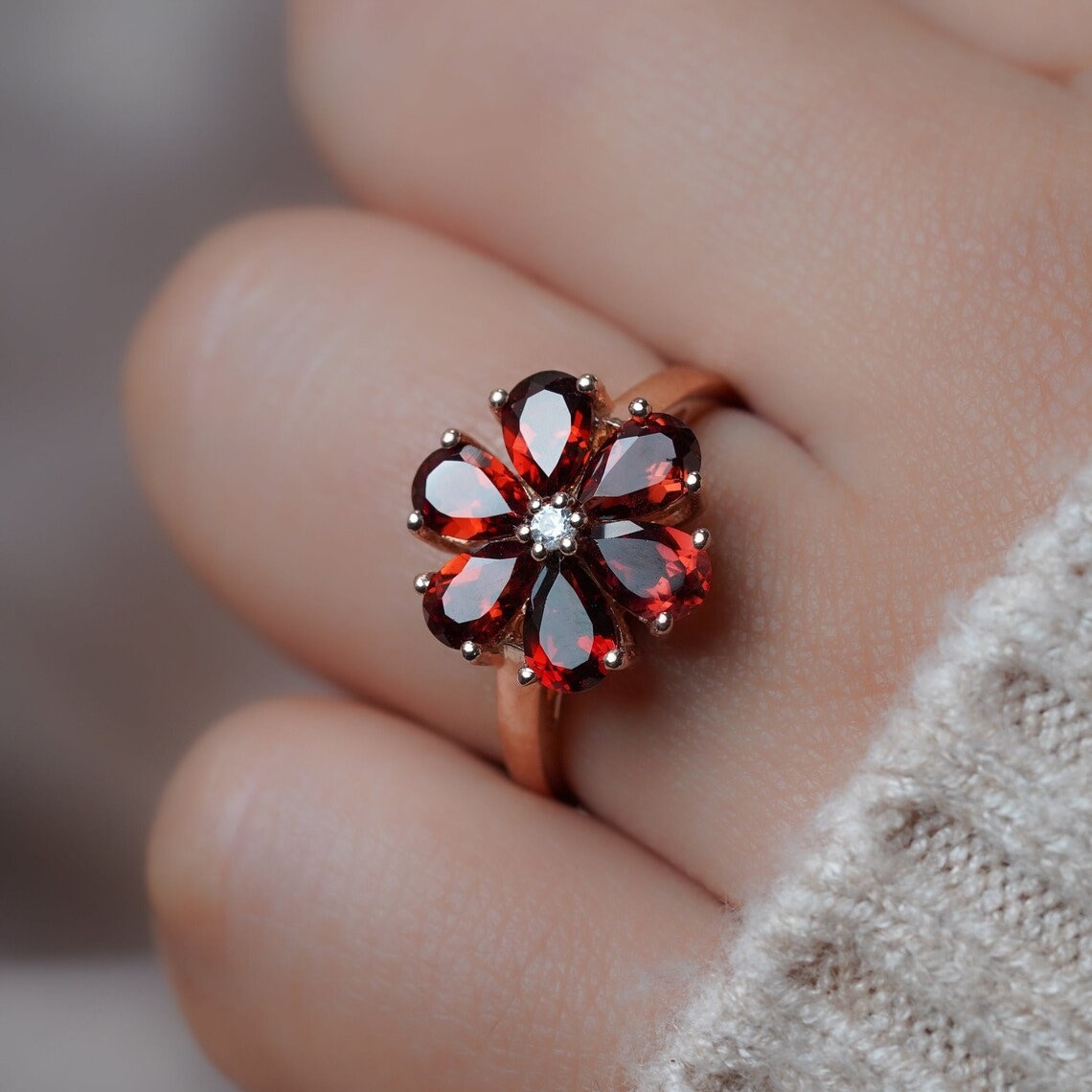 Beautiful Natural Red Garnet Flower Ring, 14k Rose Gold & 925 Sterling ...