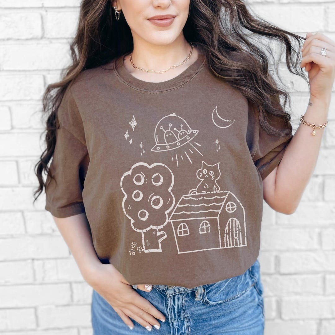 Alien Abduction Cute Kitten Shirt Doodle Vintage Washed Cat Shirt Retro ...