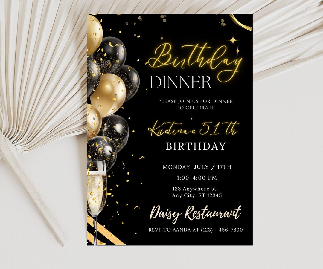 Editable Dinner Birthday Invitation, Black Tie Glam Invite, Birthday ...