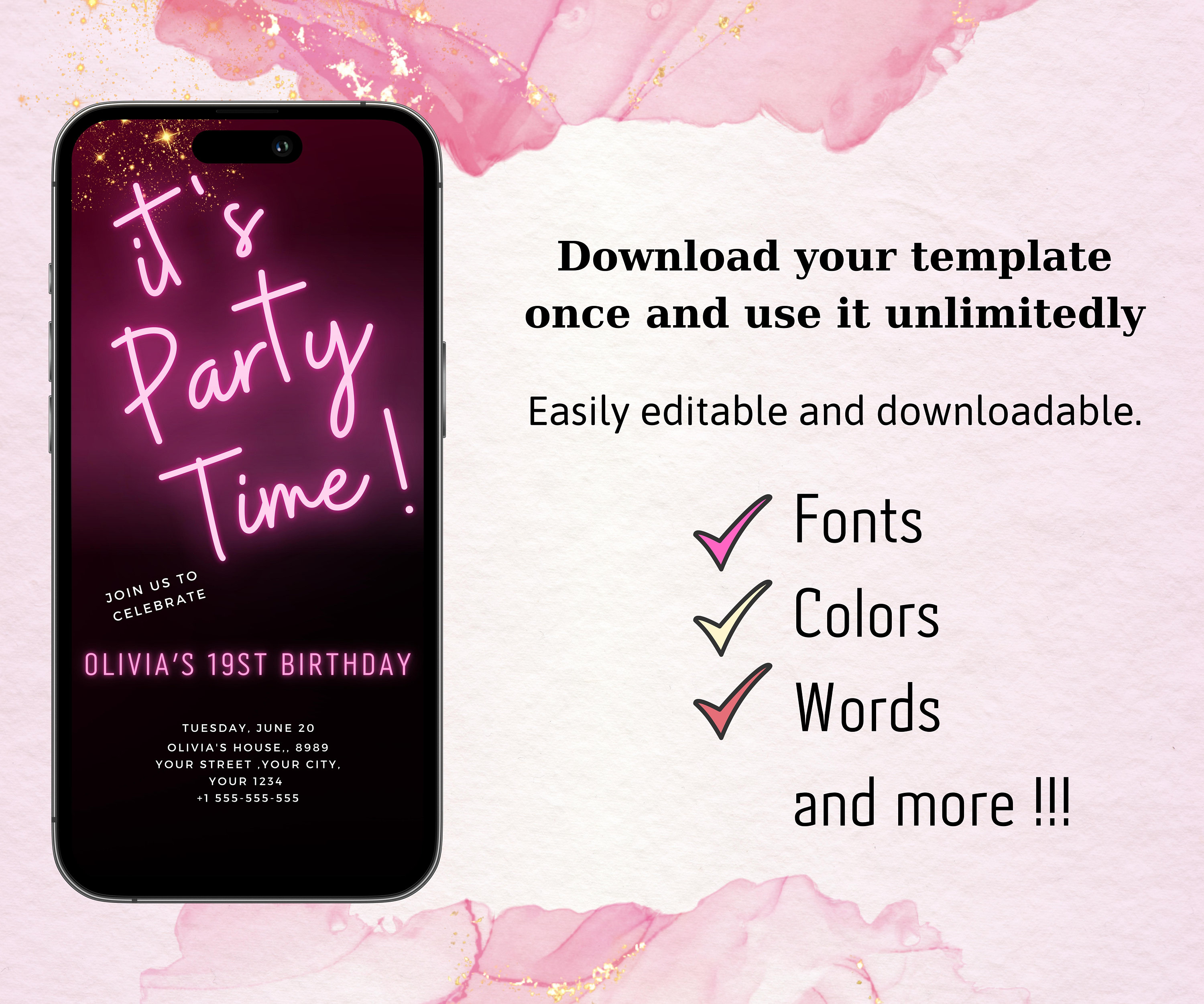 Purple Neon Light Birthday Invitation, Pink Purple Glow Text Message ...