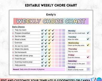 Editable Chore Chart for Kids Printable Daily Weekly Responsibility ...