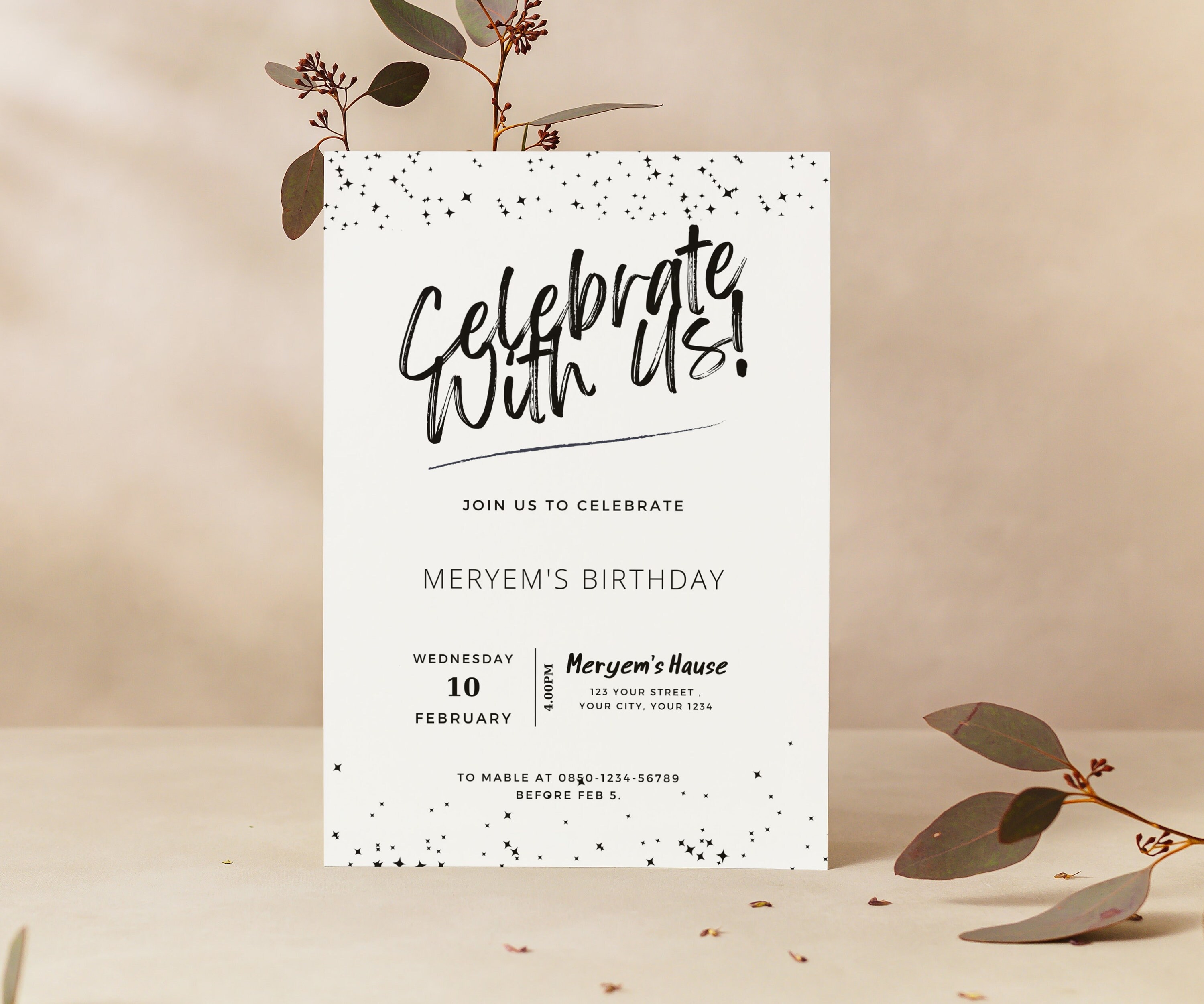 Editable Simple White Glitter Party Invite, Printable Minimalist ...