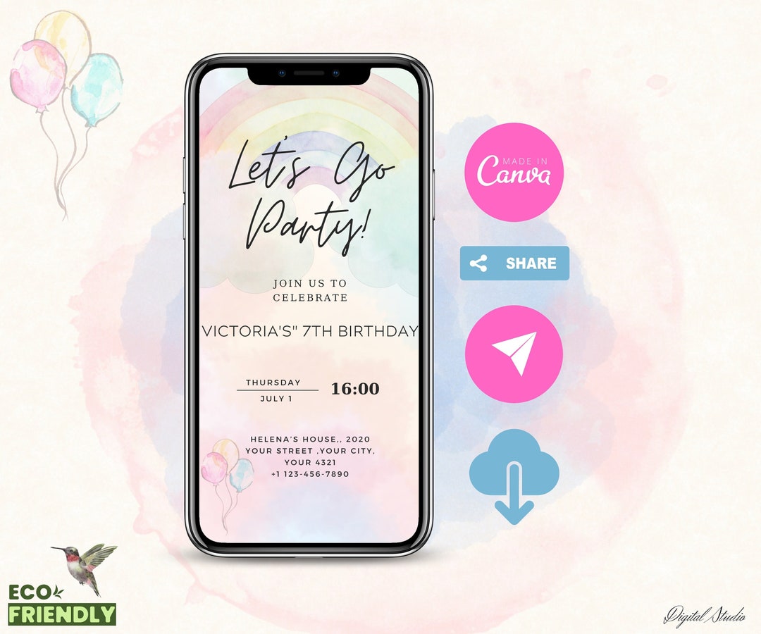 Rainbow Pink Birthday Invitation, Digital Rainbow Birthday Invitations ...