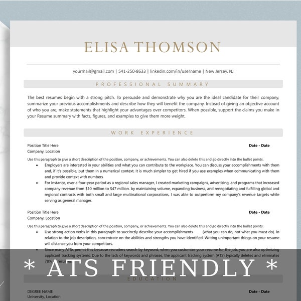 One Column Modern Resume Template - Etsy