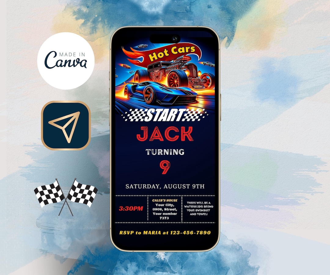 Editable Hot Cars Birthday Invitation | Racing Cars Wheels Party ...