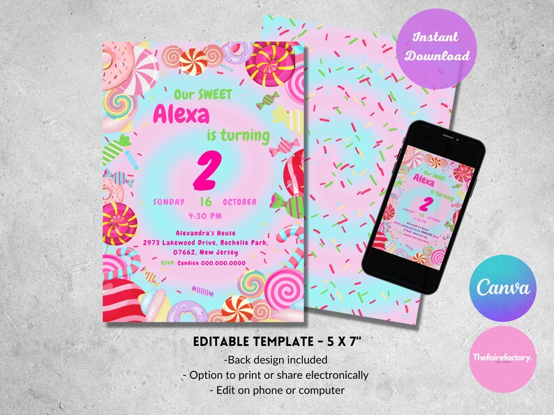 Editable Candy Birthday Invitation, Girl Birthday Invite, Sweet ...