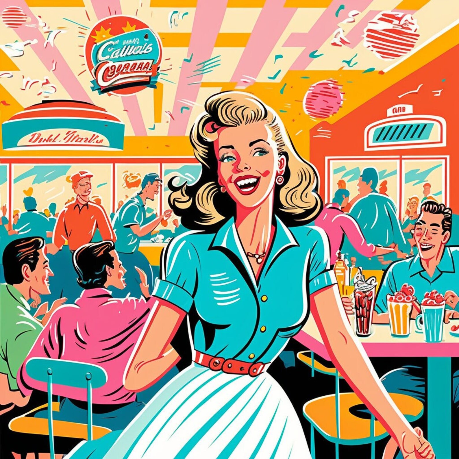 Retro American Diner Print, Americana, American Diner Girl, 50s ...