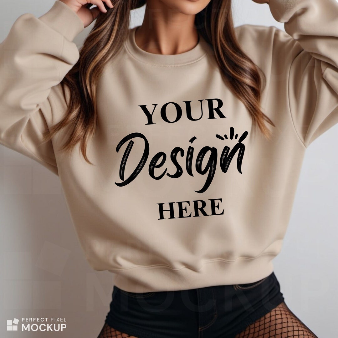 Gildan 18000 Sand Sweatshirt Mockup, Sweater Mockup, Crewneck Mockup ...