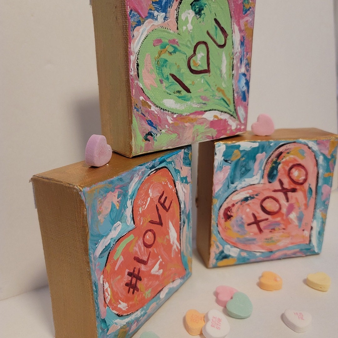 Original 4x4 Candy Heart Painting Canvas Art, Shelf Art, Hand Painted ...