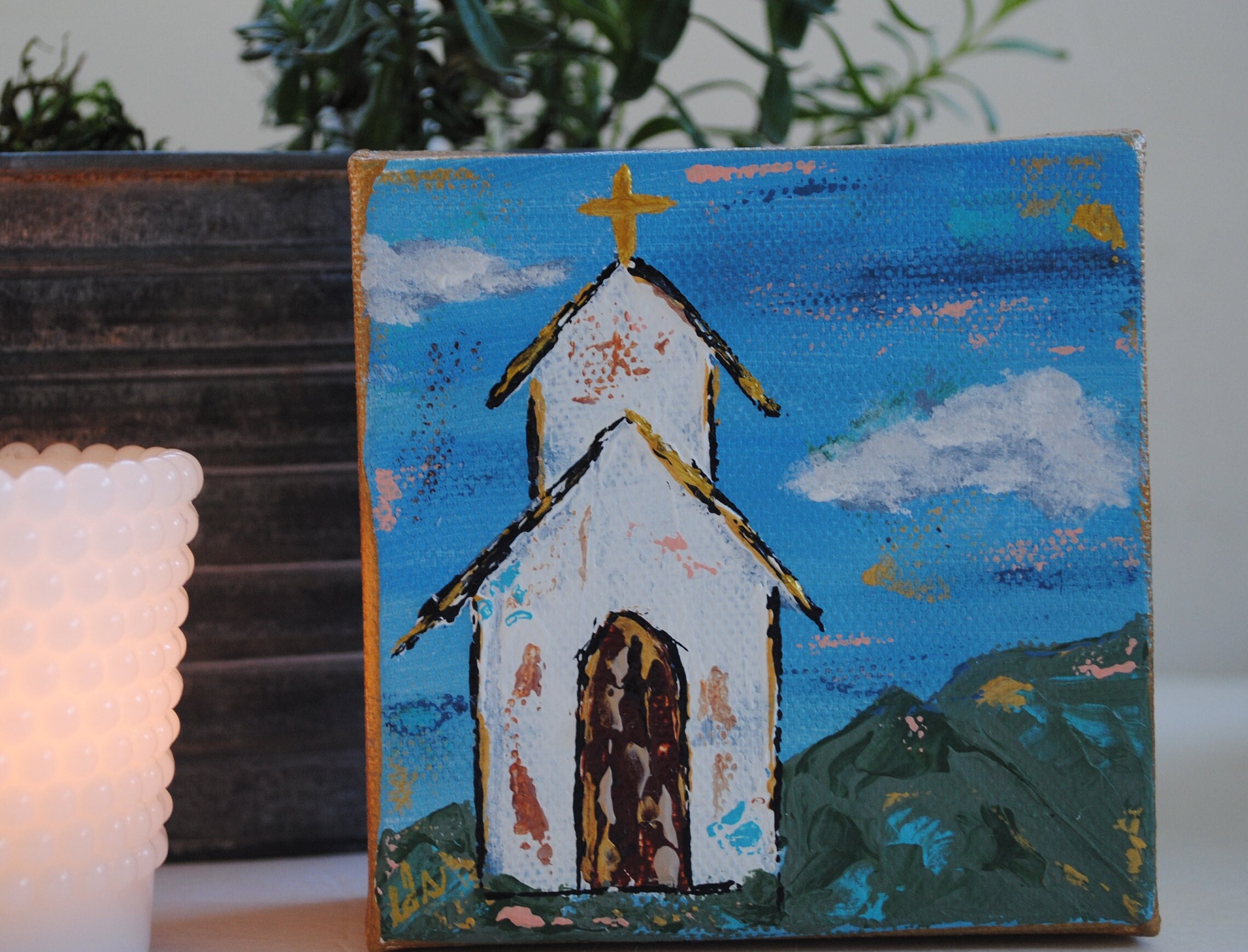 Original 4" Church Painting - Blue, Church Art, Canvas Art, Shelf Art ...