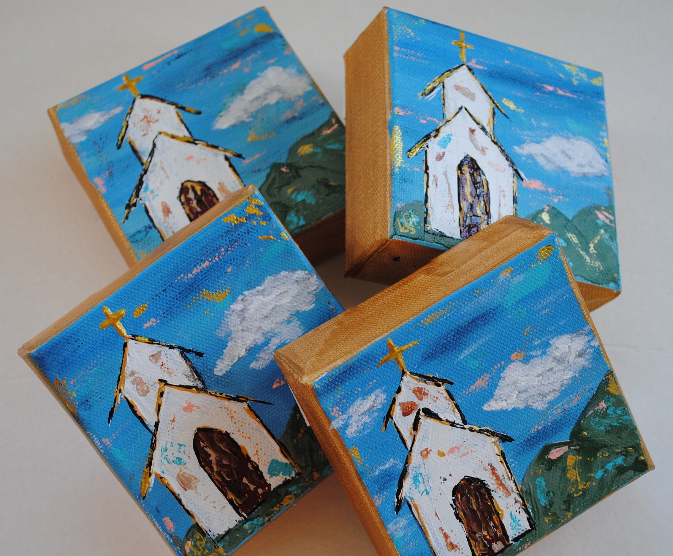 Original 4 Church Painting Blue, Church Art, Canvas Art, Shelf Art ...