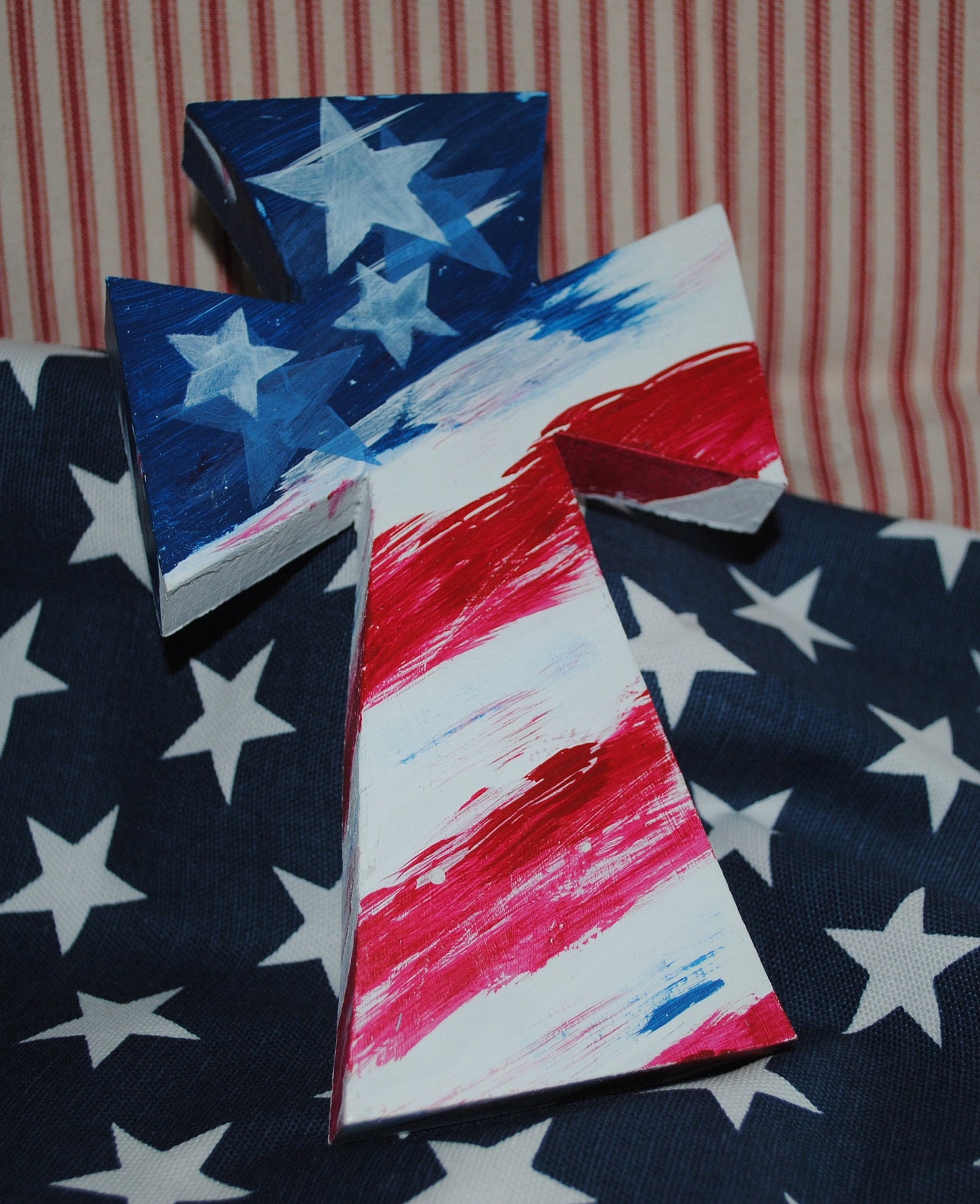 Hand Painted Wooden Cross With Stars and Stripes - Red, White and Blue ...