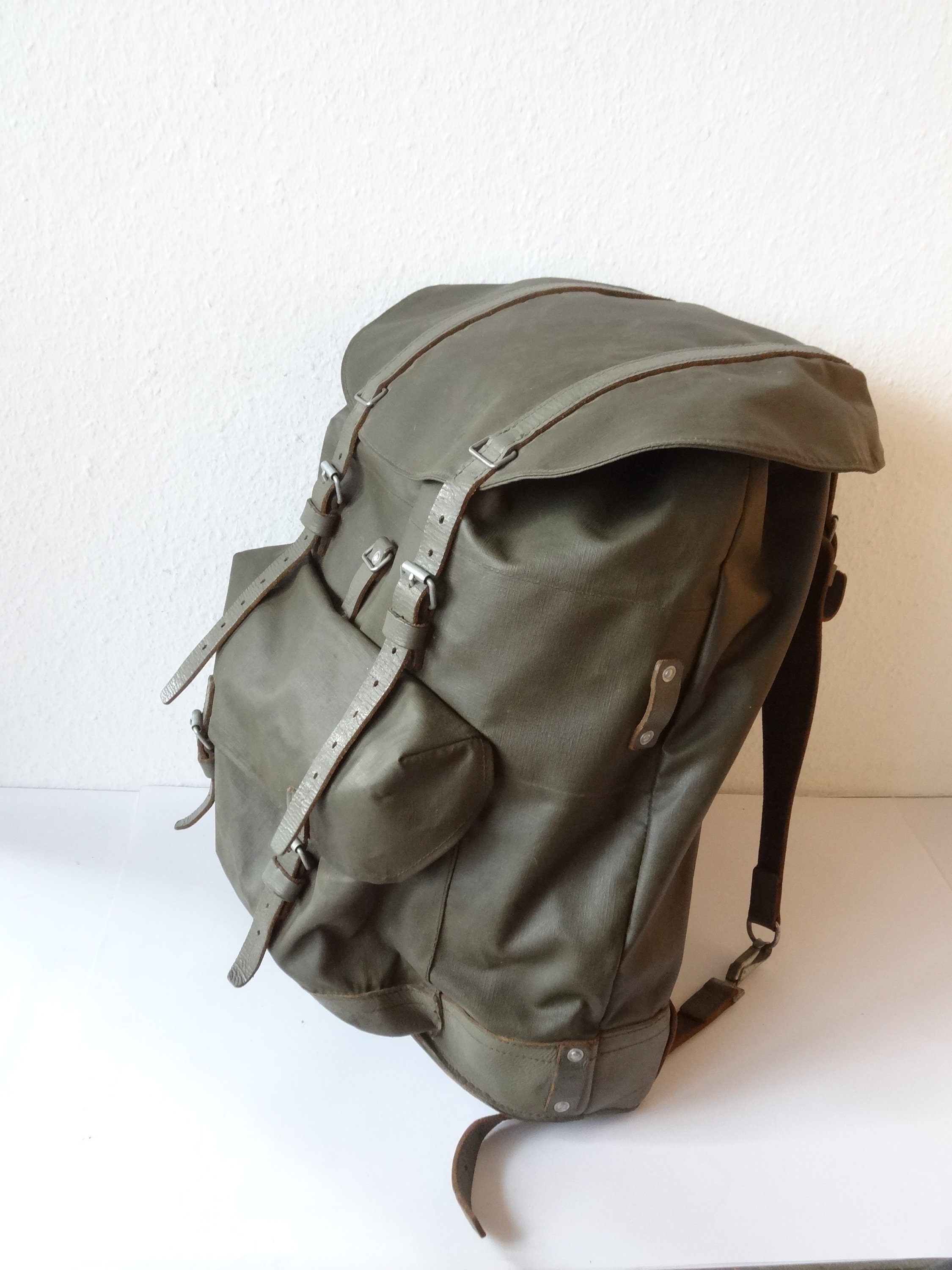 Vintage Swiss Army Rubberized Waterproof Grey Leather Military Backpack ...
