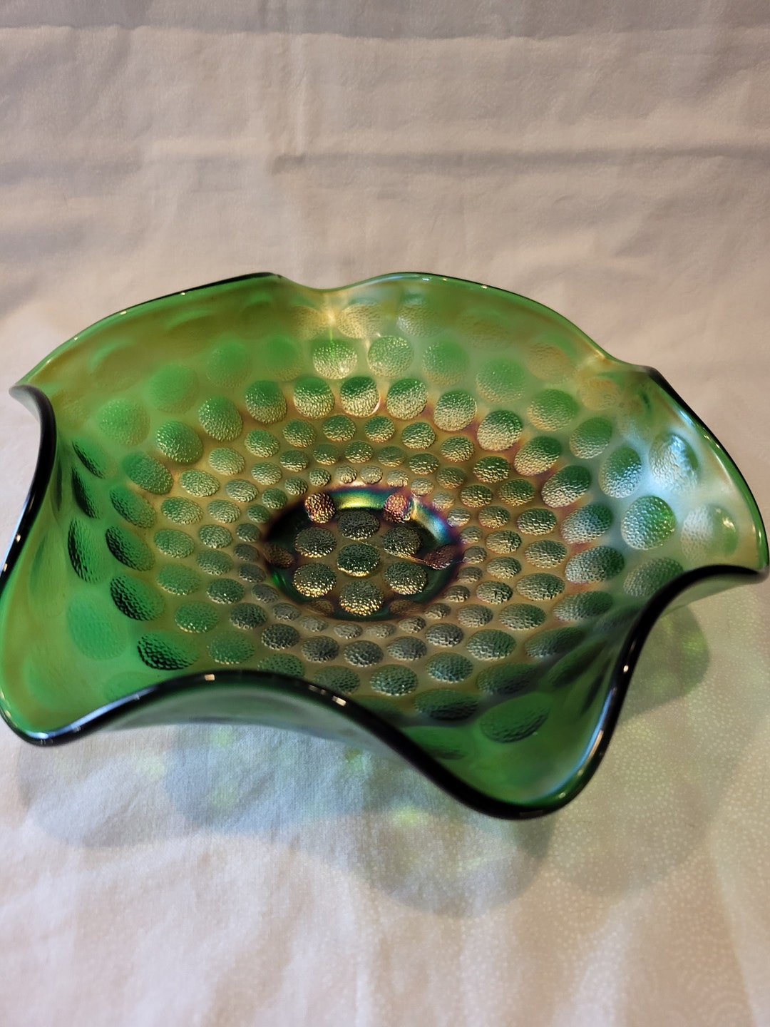 Fenton Iredescent Carnival Glass Art Green Dot Coin Bowl - Etsy