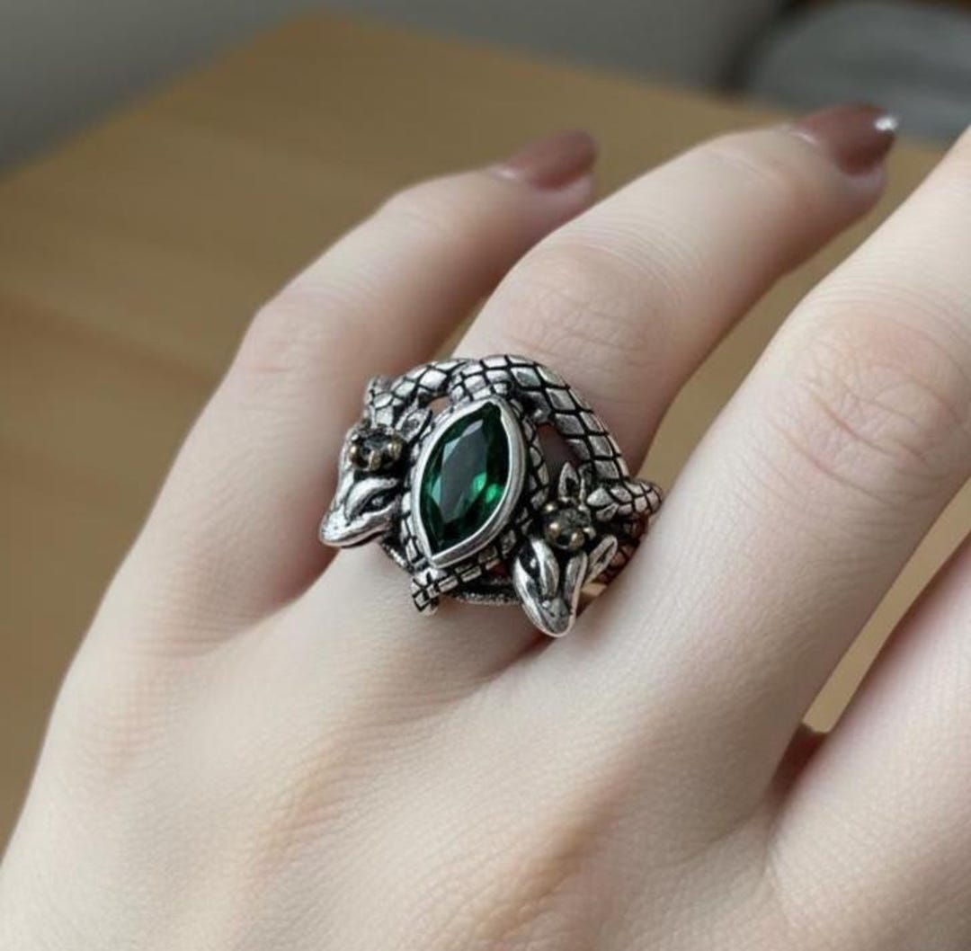 Two Snakes Ring, Emerald Dragon Eyes, Oxidized German Silver, Gothic ...