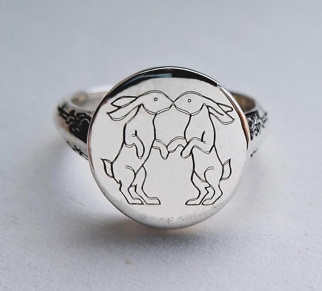 Rabbit Kissing Signet Ring,cute Bunny Kissing Signet Ring,engraved ...