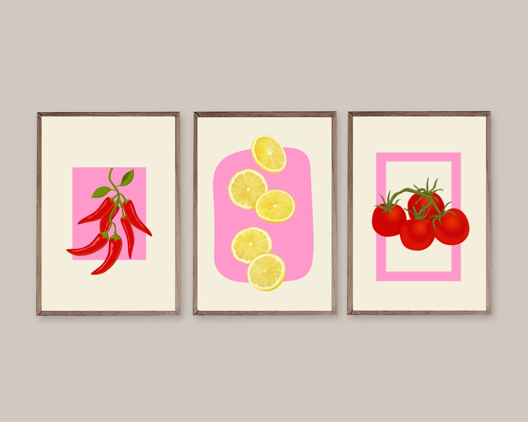 Set of 3 Prints, Lemon Print Set, Chilli Print, Wall Art Print, Wall ...