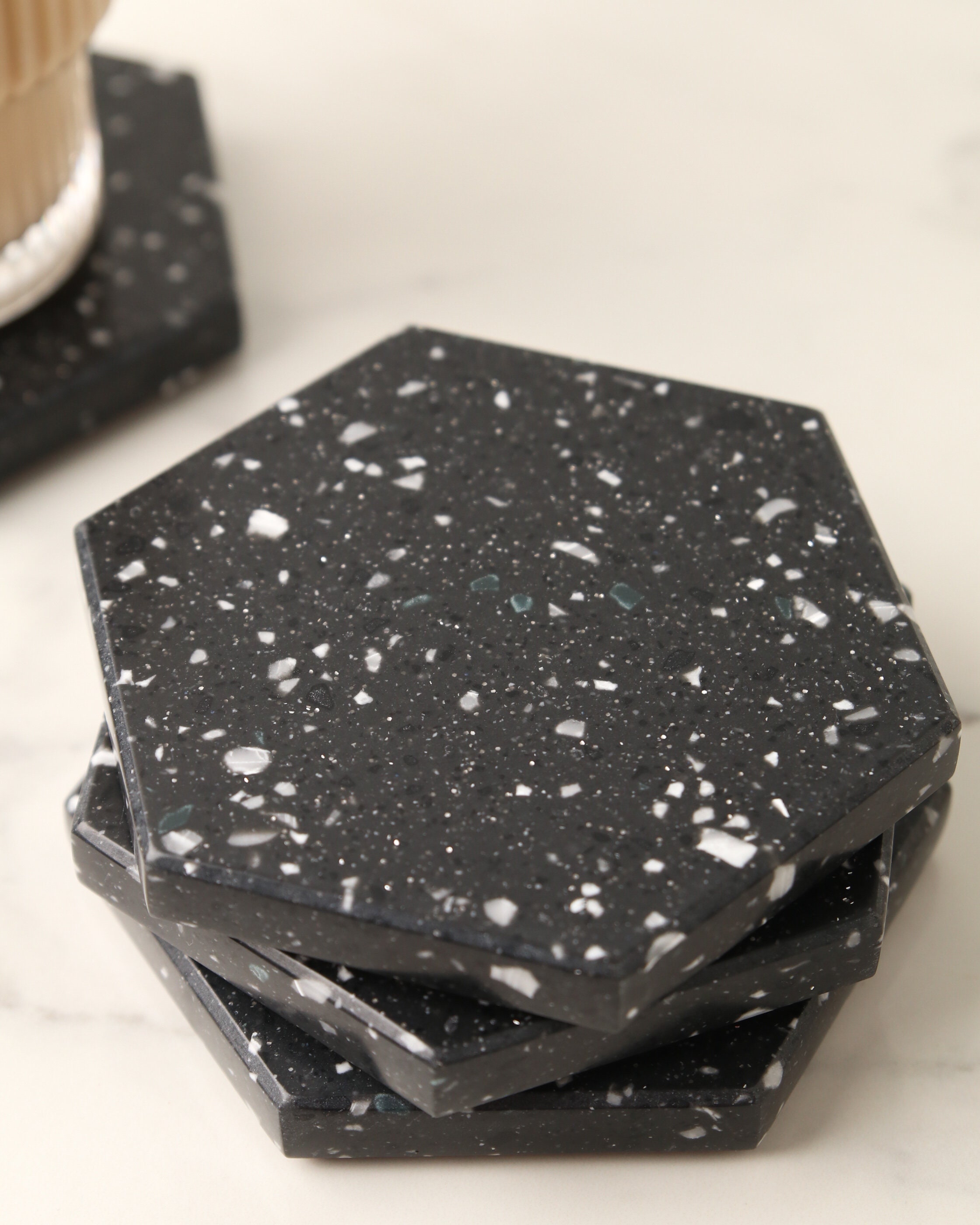 Luxury Black Hexagon Shaped Coasters | Coasters | Black | Marble Effect ...