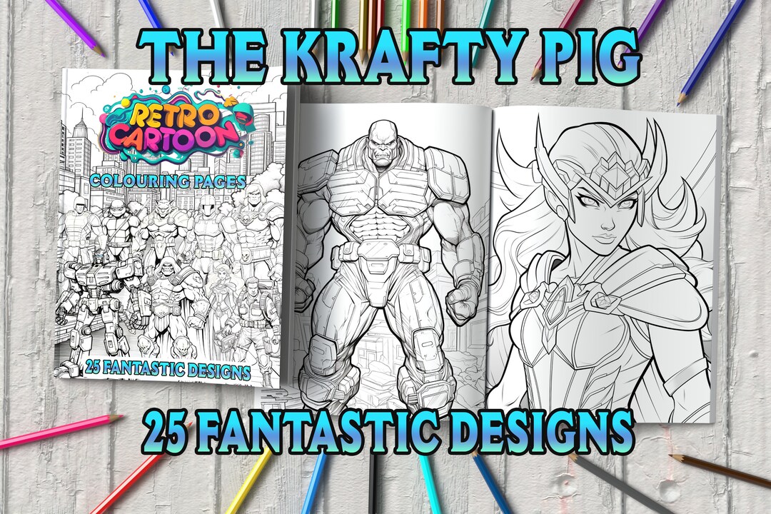 Set of 25 Detailed RETRO CARTOON Digital Colouring Pages, Various High ...