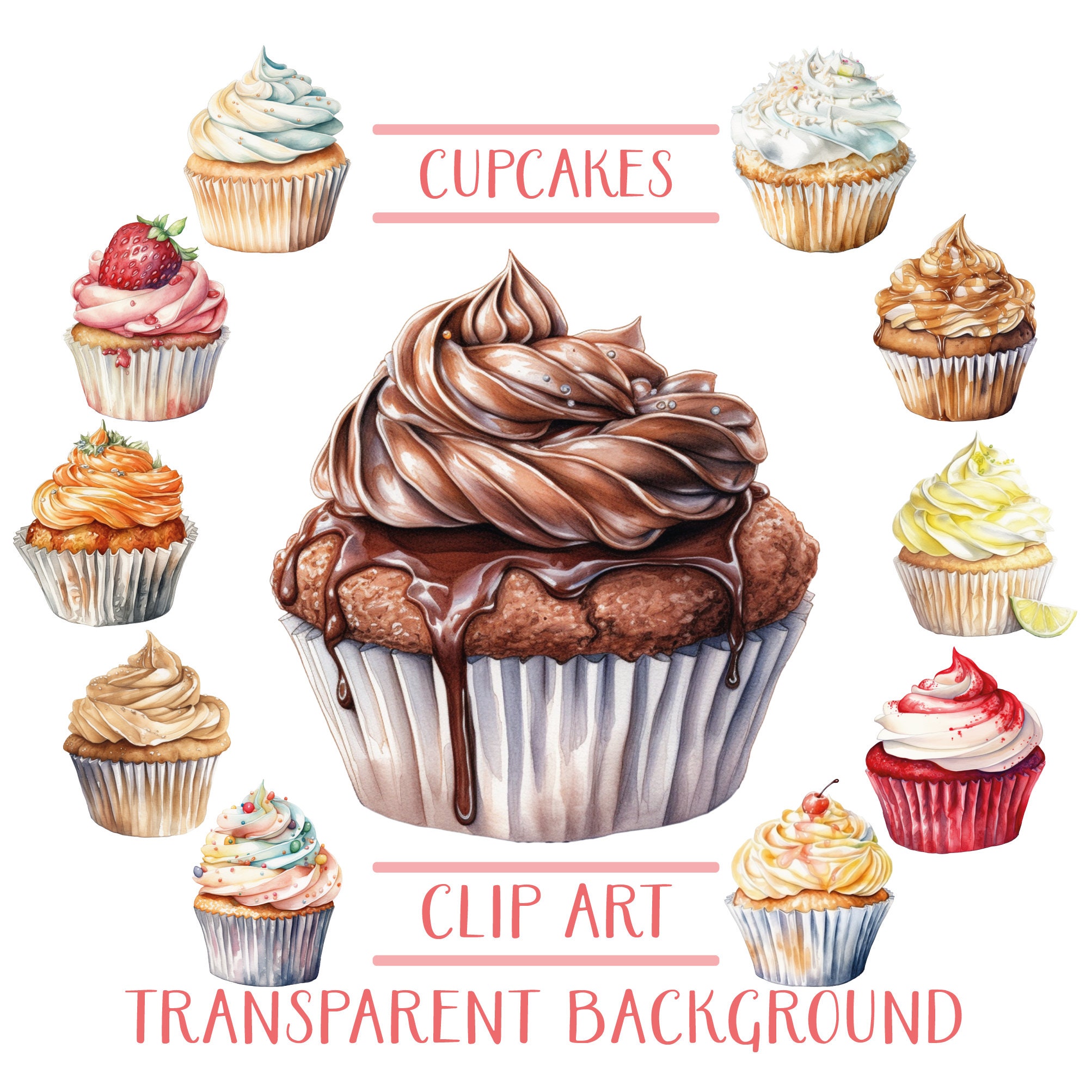 Watercolor Cupcake Clipart Pastel Cupcake Png Bundle Dessert - Etsy