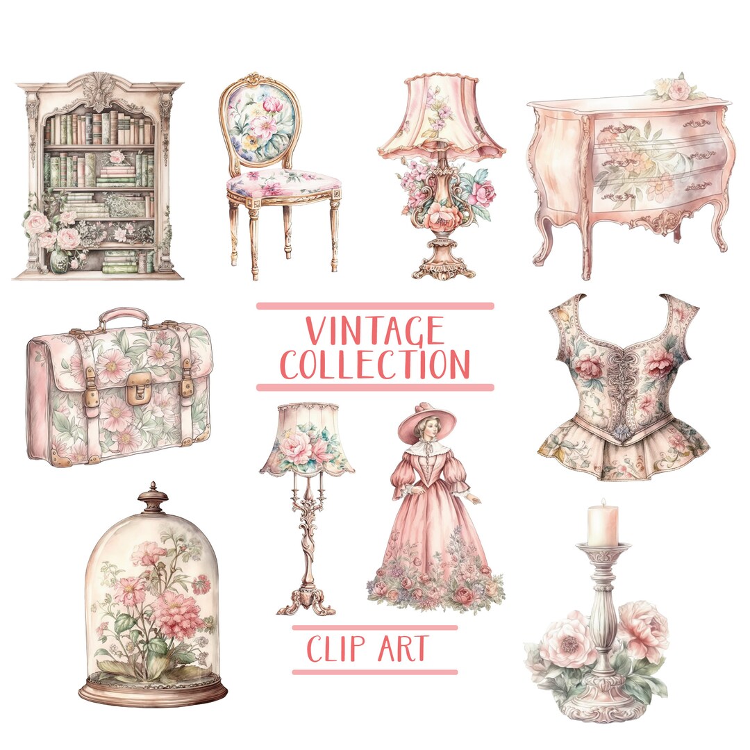 Watercolor Clipart Bundle, Watercolor Vintage Items Png Bundle, Vintage ...