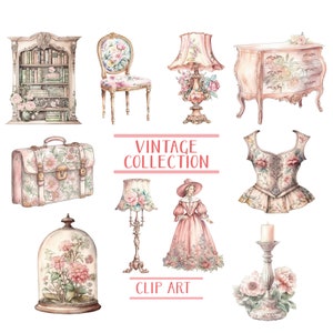 Watercolor Clipart Bundle, Watercolor Vintage Items Png Bundle, Vintage ...