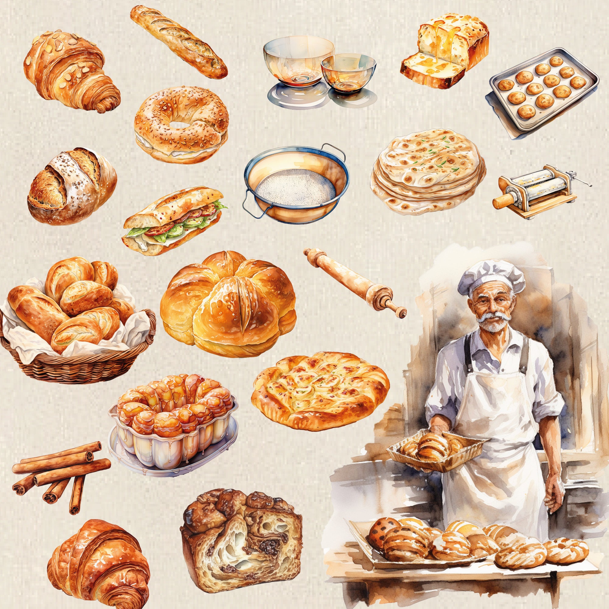 120 Baking Clipart Bundle, Watercolor Baking Clipart Bundle, Bakery ...