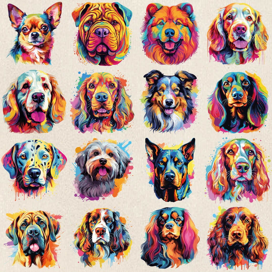 100 Colorful Dogs T-shirt Design Bundle Dog Breeds Clipart Bundle Cute ...