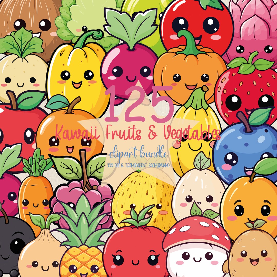 125 Kawaii Fruits and Vegetables Png Bundle Kawaii Sticker Png Bundle ...