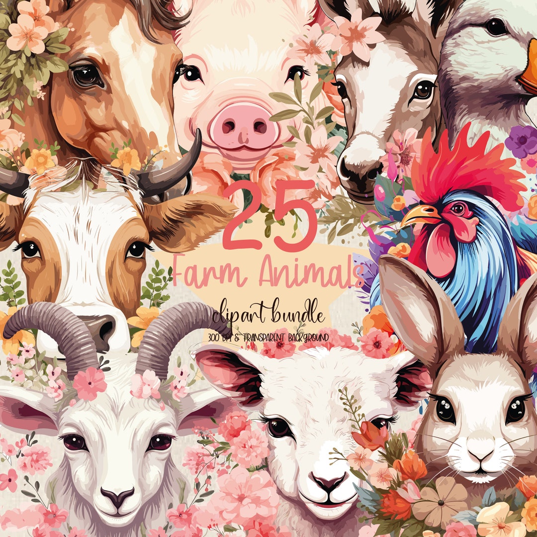 Floral Farm Animals Clipart Set Cute Farm Animals Png Farm Animals ...