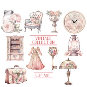 Watercolor Vintage Items Clipart Bundle, Watercolor Vintage Furniture ...