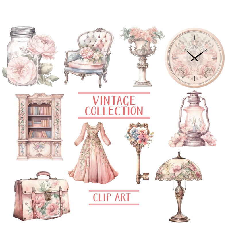 Watercolor Vintage Items Clipart Bundle Watercolor Vintage - Etsy