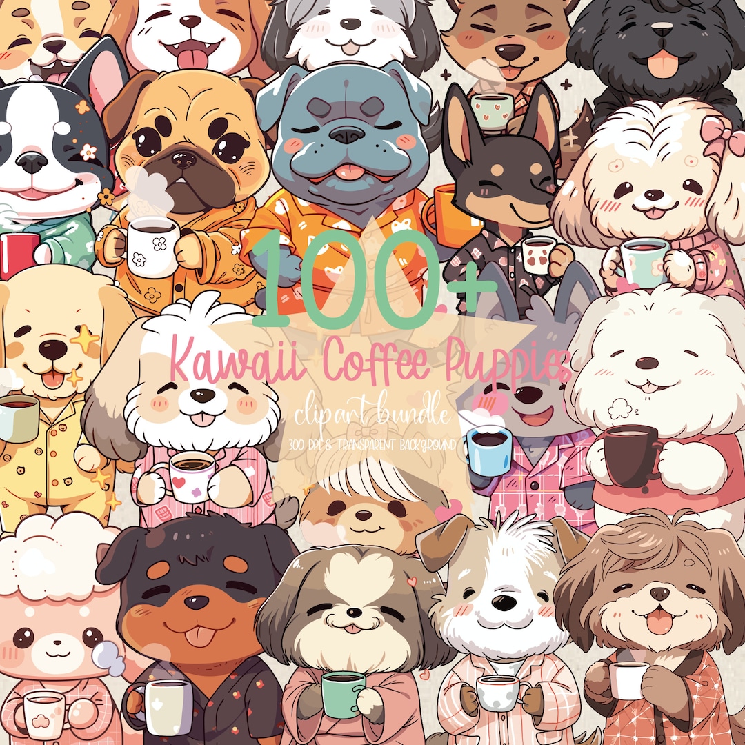 100+ Kawaii Coffee Puppies Clipart Bundle Puppie in Pajamas Png Bundle ...