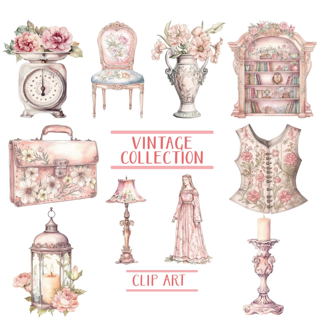 Floral Vintage Items Clipart Bundle, Floral Vintage Furniture Png ...