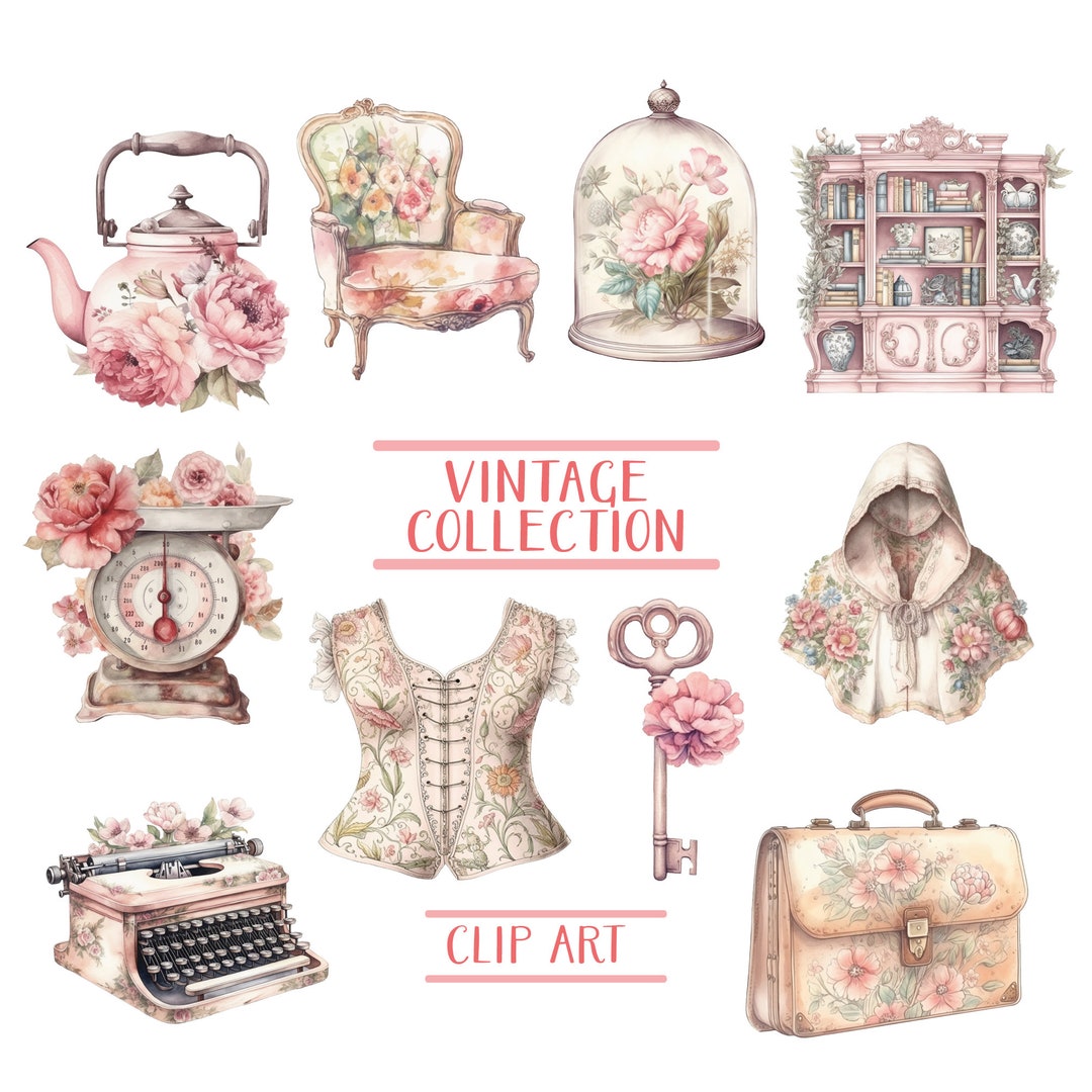 Watercolor Vintage Items Clipart Bundle, Watercolor Vintage Typewriter ...