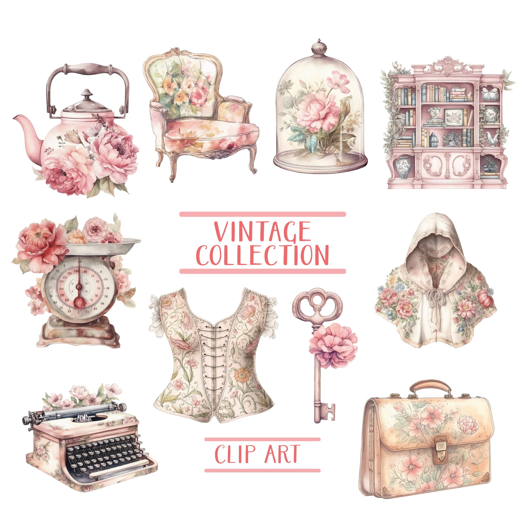Watercolor Vintage Items Clipart Bundle Watercolor Vintage - Etsy