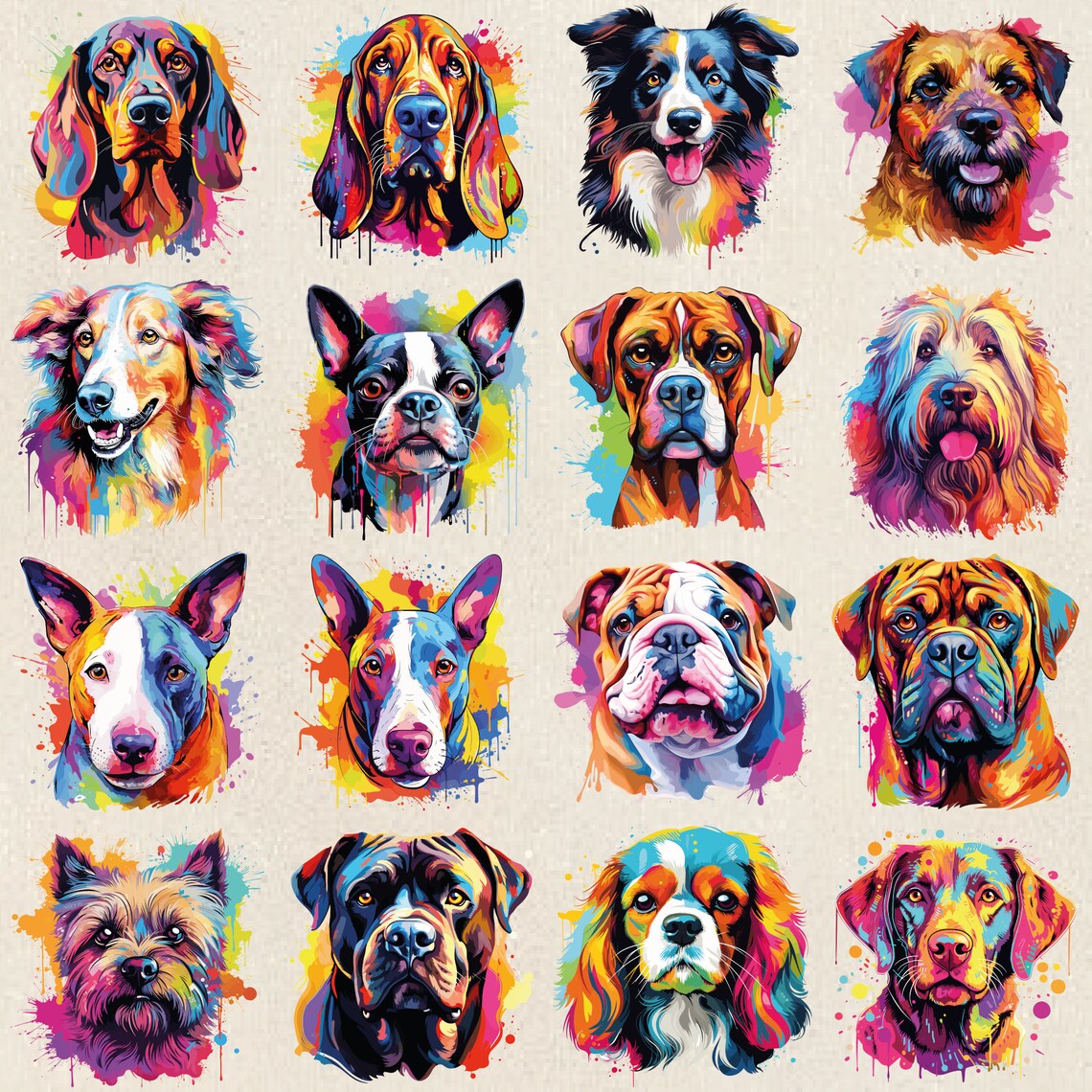 100 Colorful Dogs T-shirt Design Bundle Dog Breeds Clipart Bundle Cute ...