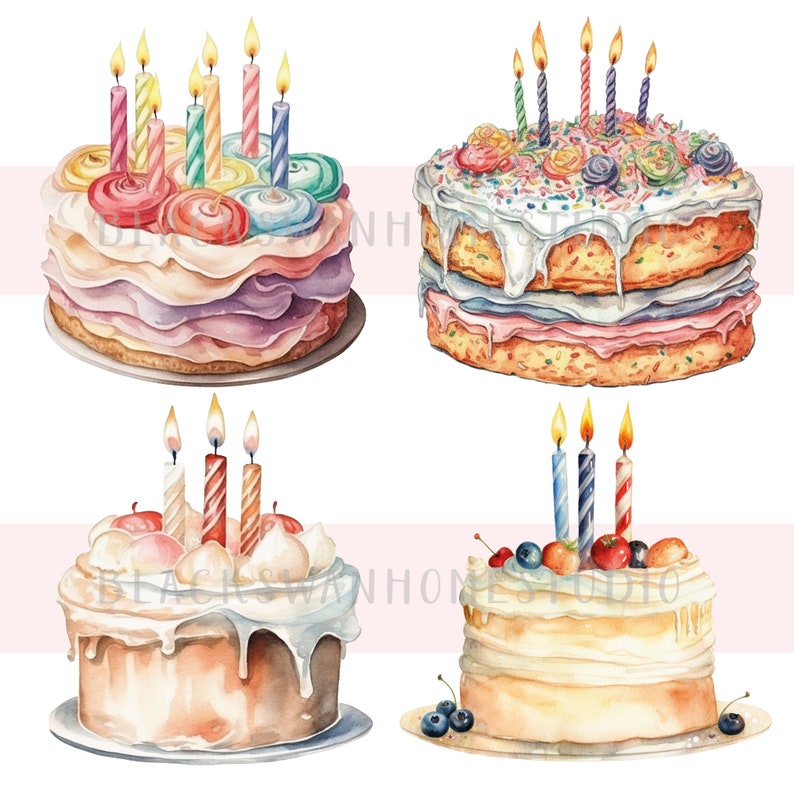 Watercolor Birthday Cakes Png Bundle Birthday Cake Clipart - Etsy