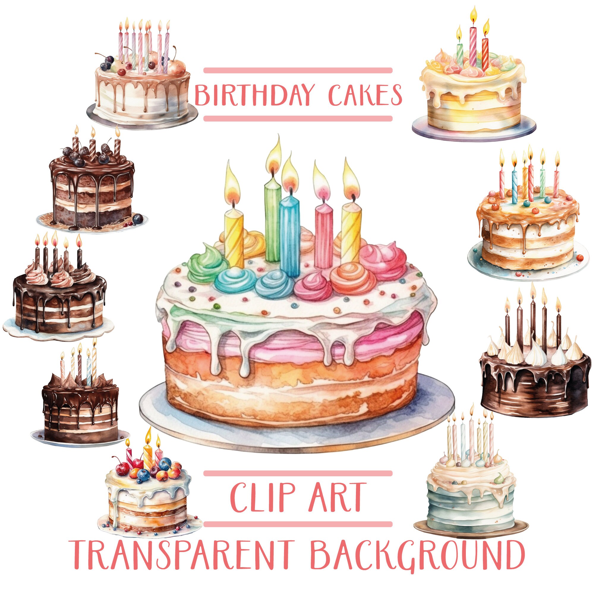 Birthday Cake Clipart Bundle Watercolor Birthday Cakes Png - Etsy