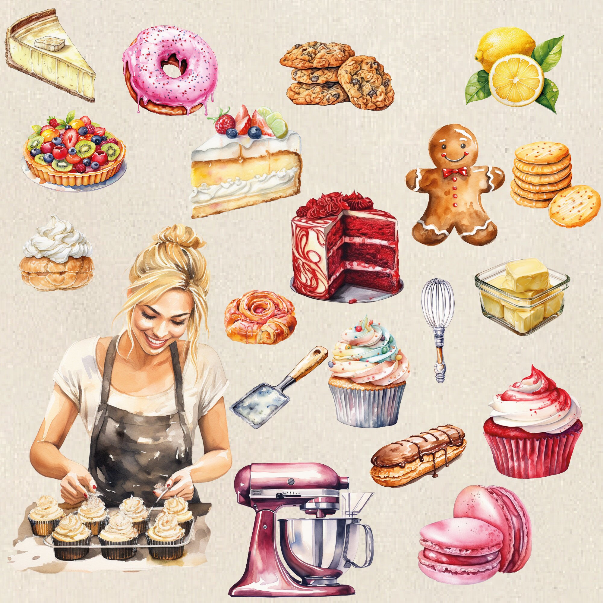 120 Baking Clipart Bundle, Watercolor Baking Clipart Bundle, Bakery ...