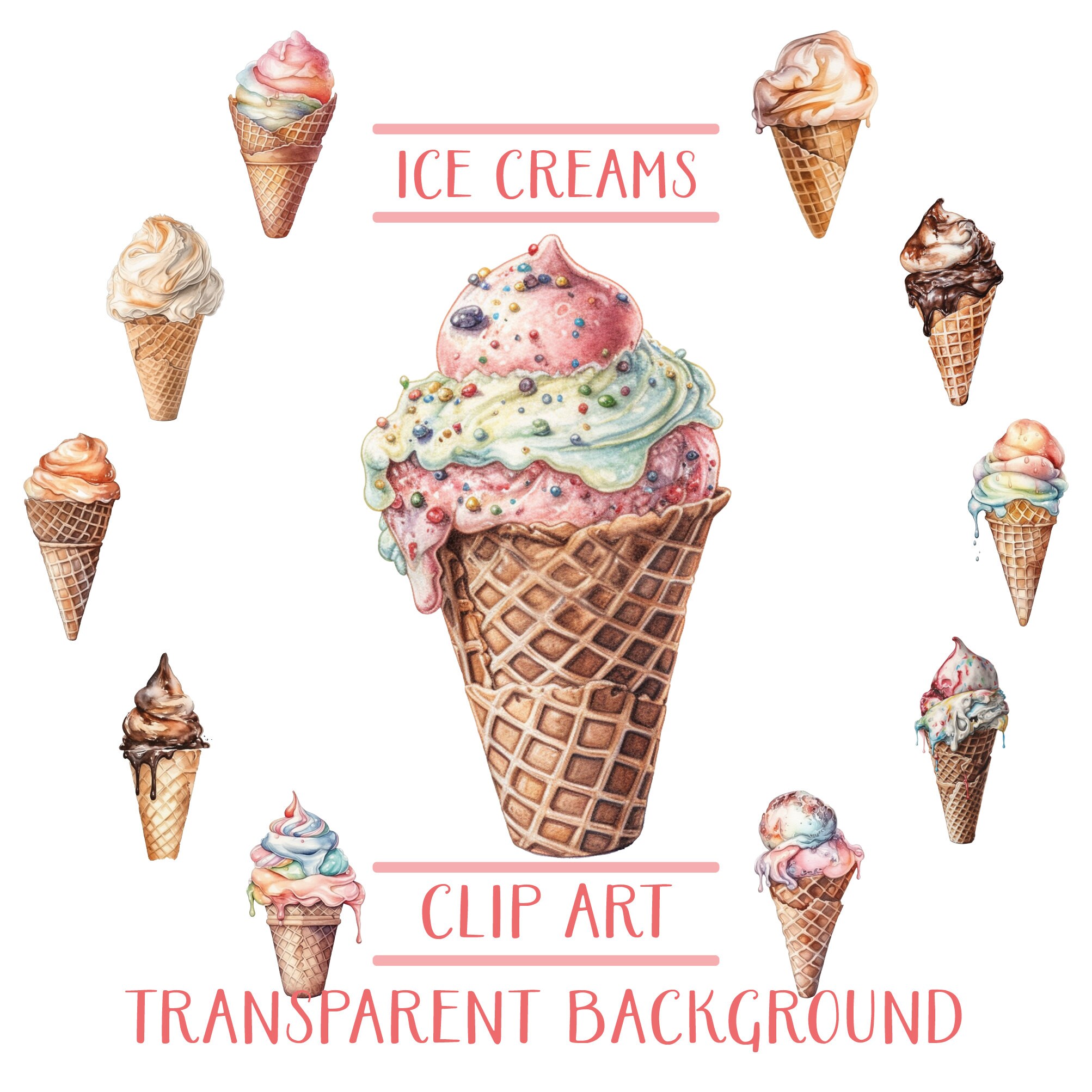 Ice Cream Clipart Bundle Ice Creams Png Bundle Watecolor Ice - Etsy