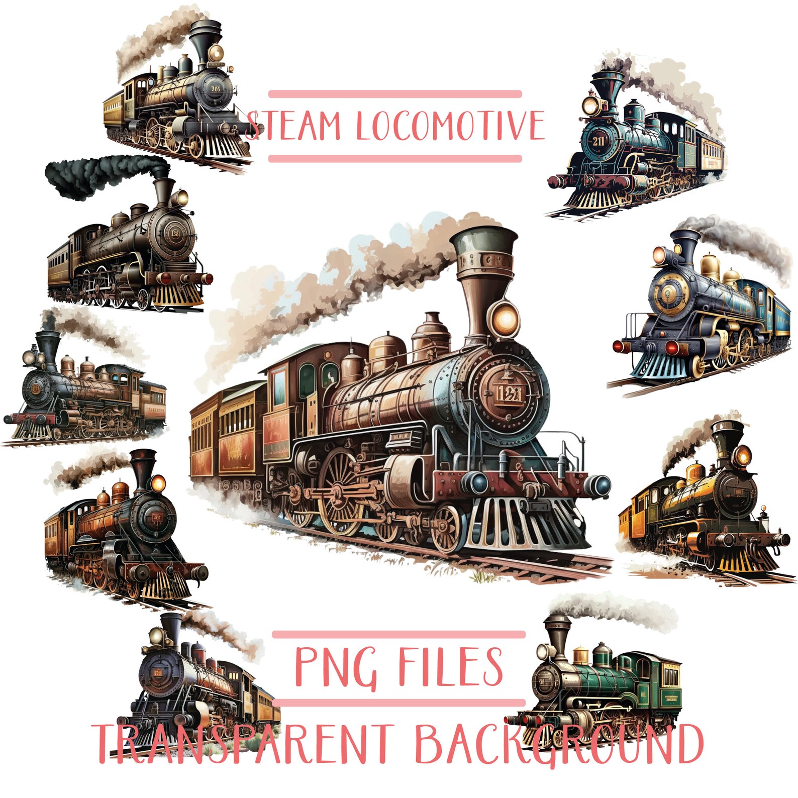 Steam Train Png Bundle for Sublimation, Steam Locomotive Png File ...