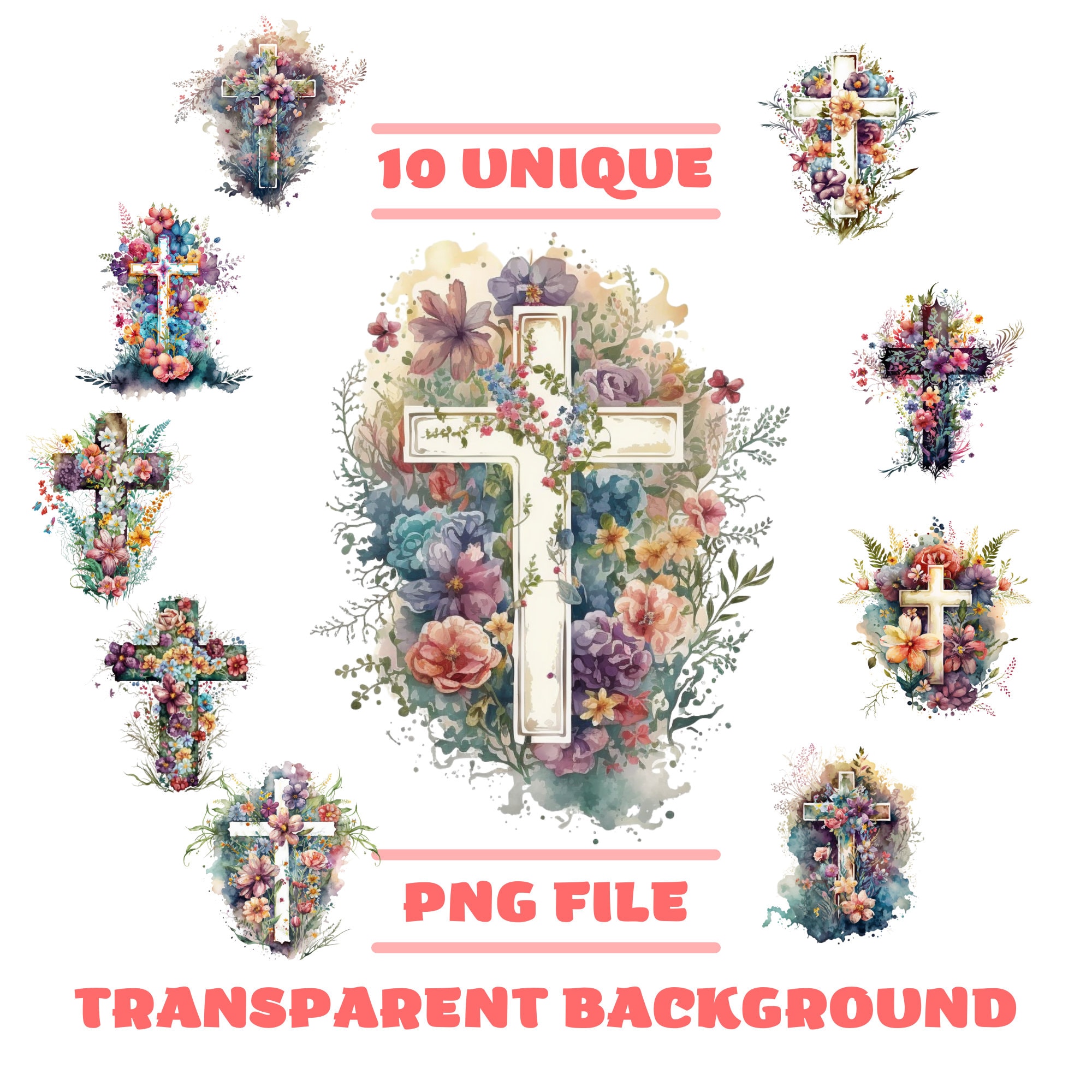 Holy Cross With Flowers Png Bundle, Cross Png Digital Download, Cross ...