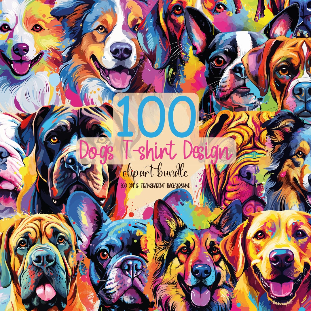 100 Colorful Dogs T-shirt Design Bundle Dog Breeds Clipart Bundle Cute ...